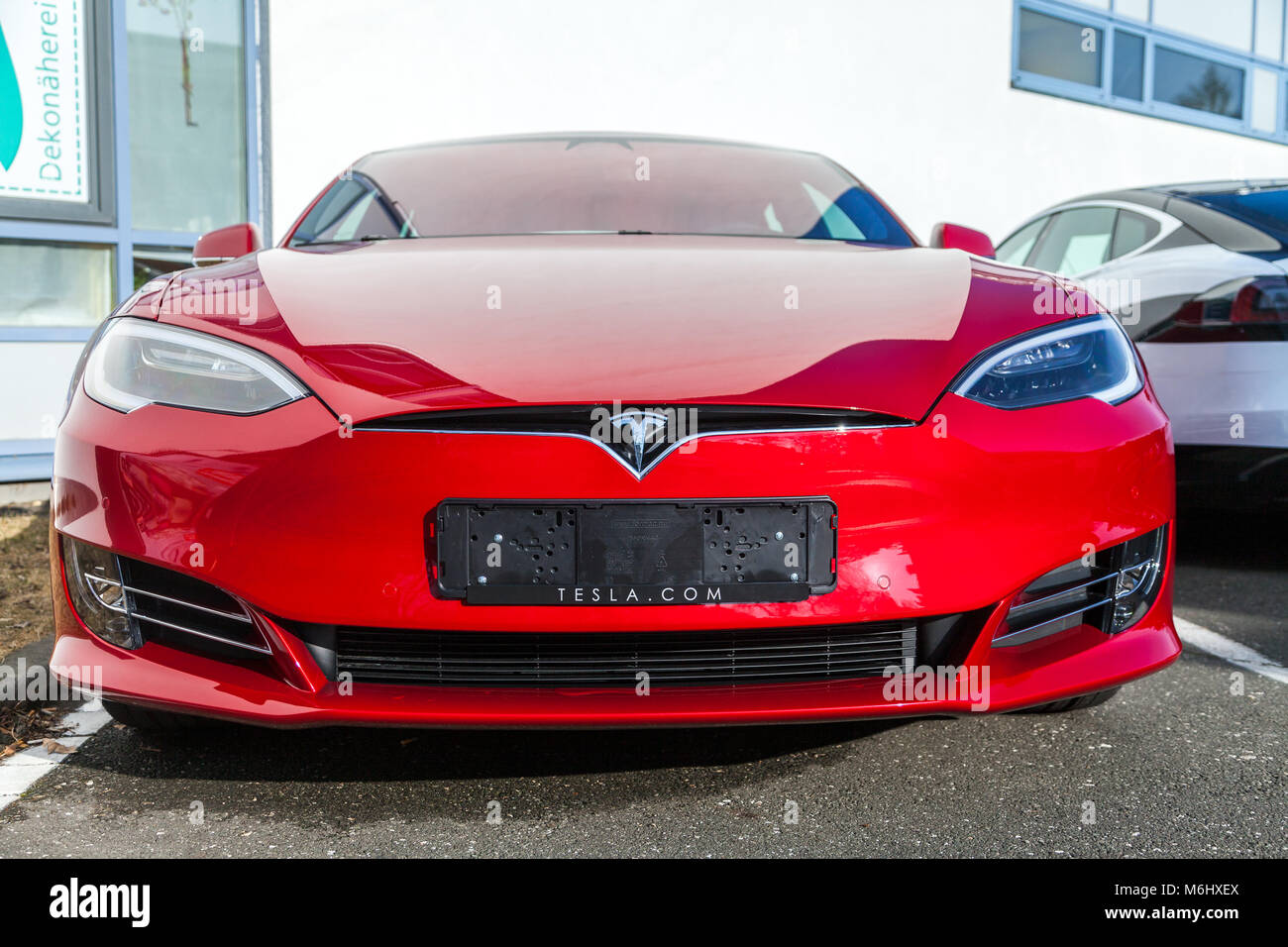 FUERTH / GERMANY - MARCH 4, 2018: Tesla logo on a Tesla car Tesla, Inc ...