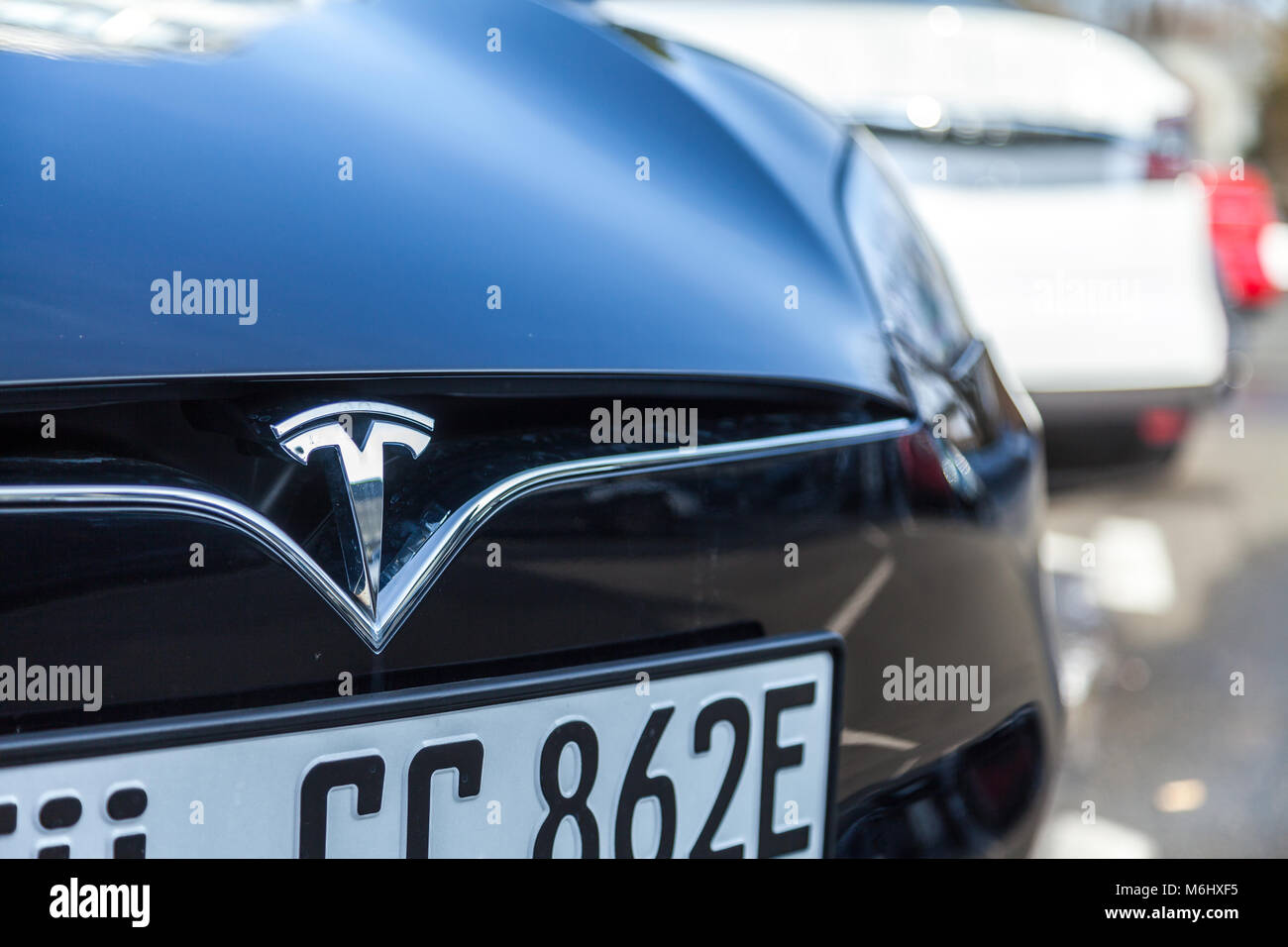 FUERTH / GERMANY - MARCH 4, 2018: Tesla logo on a Tesla car Tesla, Inc ...