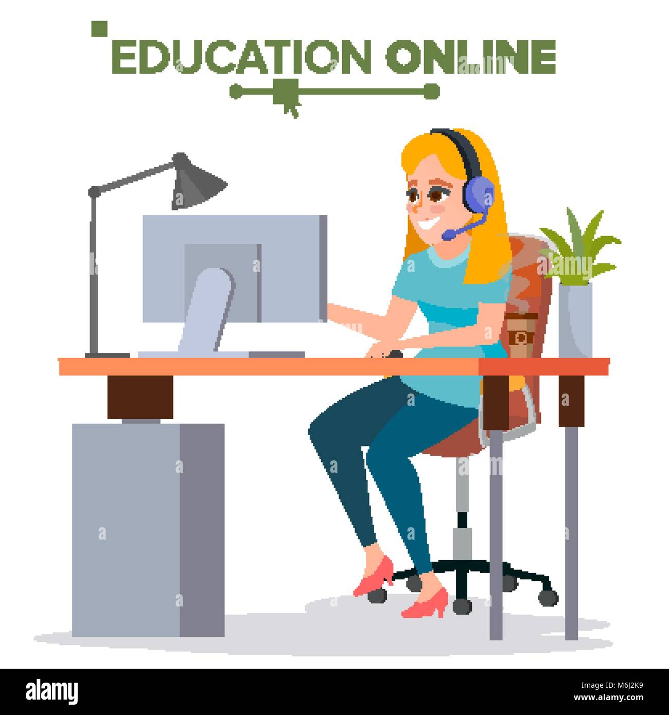 Education Online Vector. Young Handsome Woman In Headphones Sitting ...