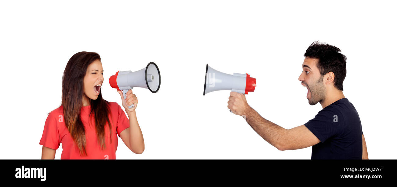 People with megaphones isolated on a white background Stock Photo - Alamy