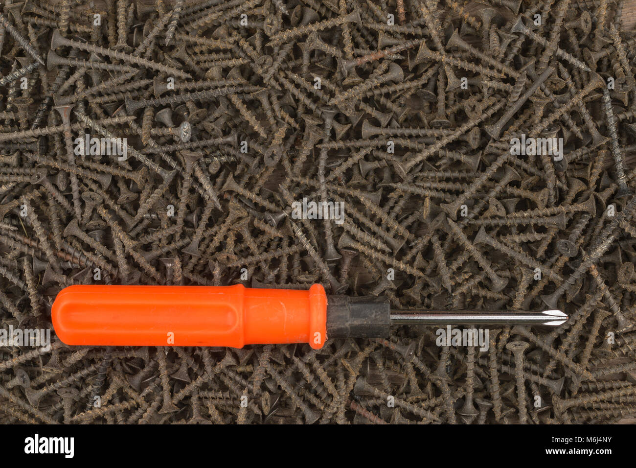 Orange screwdriver lying on the background of screws. View from above ...