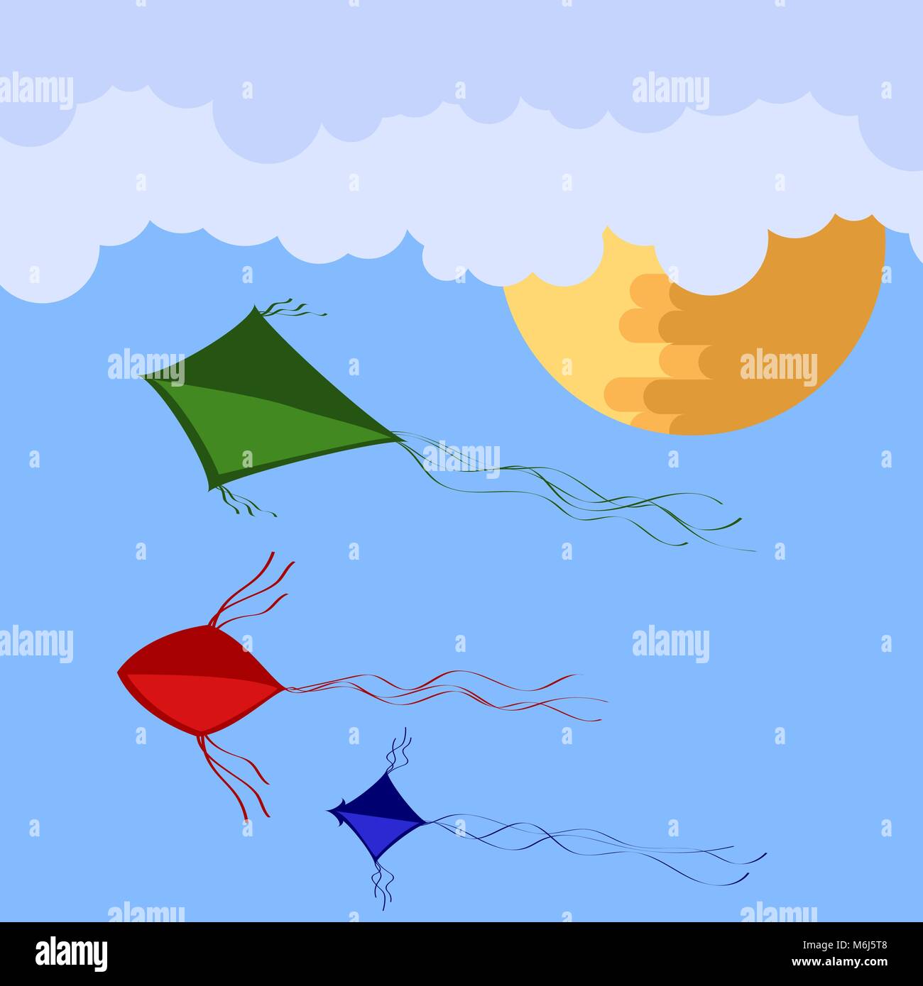 Kites Flying in Blue Sky with Sun and Clouds. Freedom Concept. Toy for ...