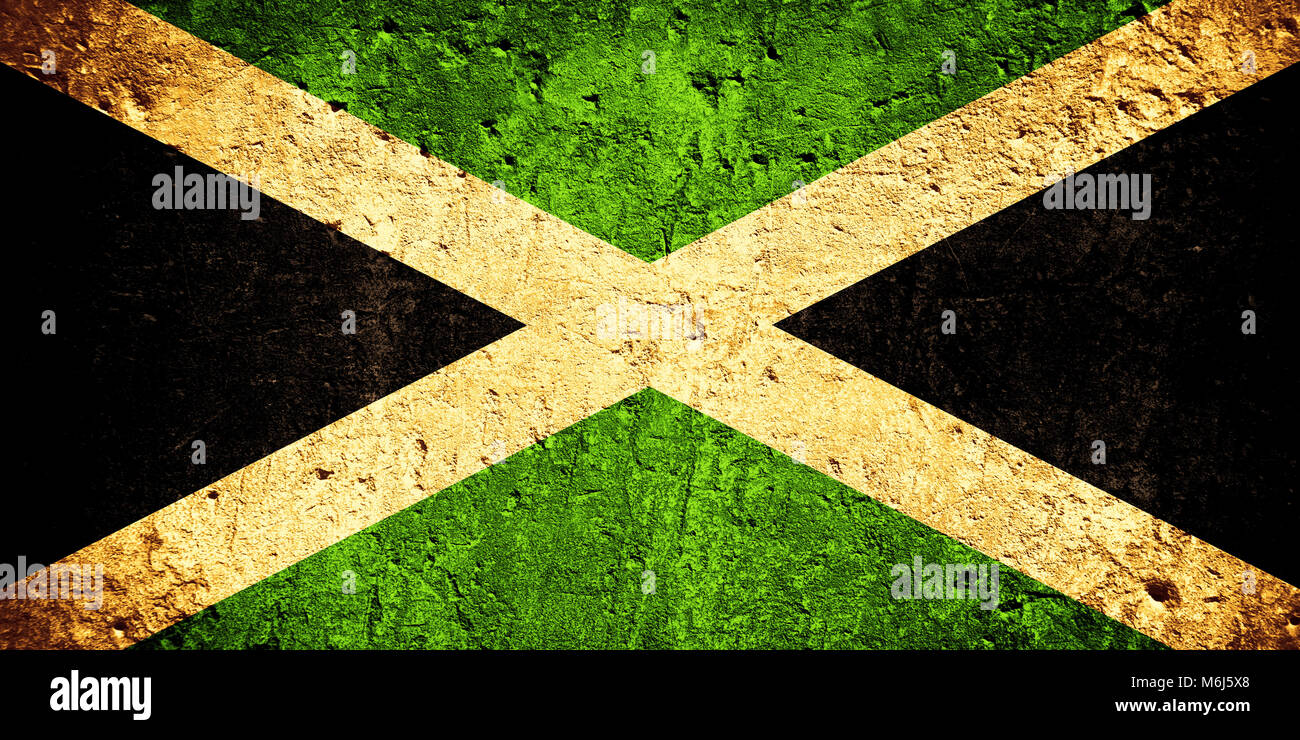 flag of Jamaica or Jamaican flag on scratched rough texture Stock Photo ...