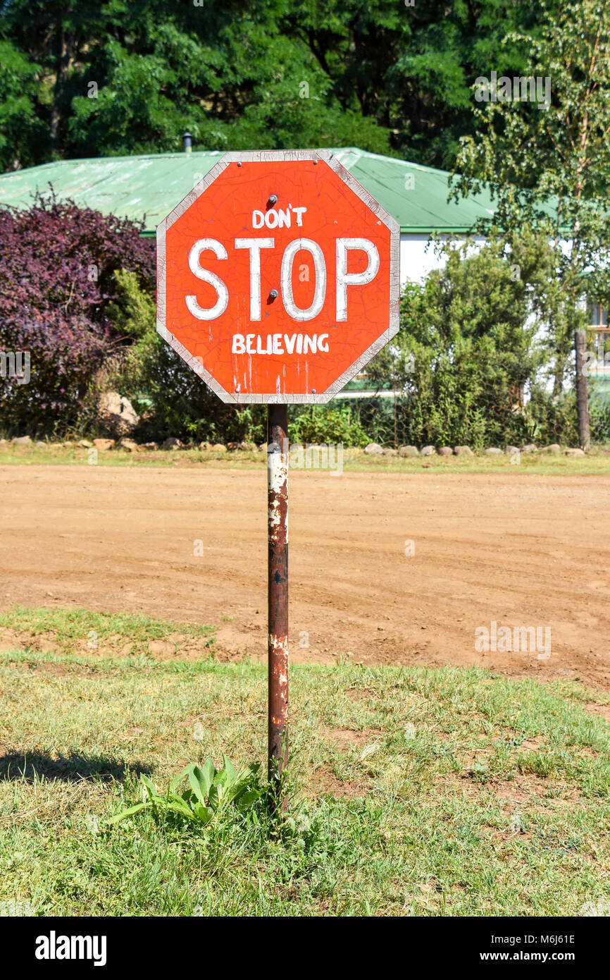 A stop sign in Rhodes South Africa in the Eastern Cape saying don't ...