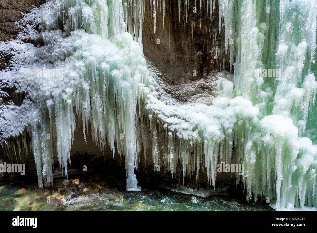 Ice Fall And Icicles In The Partnach Gorge, Bavaria, Germany Stock ...
