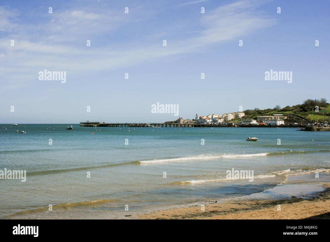Seascape view looking across Swanage Bay towards the pier on a sunny ...