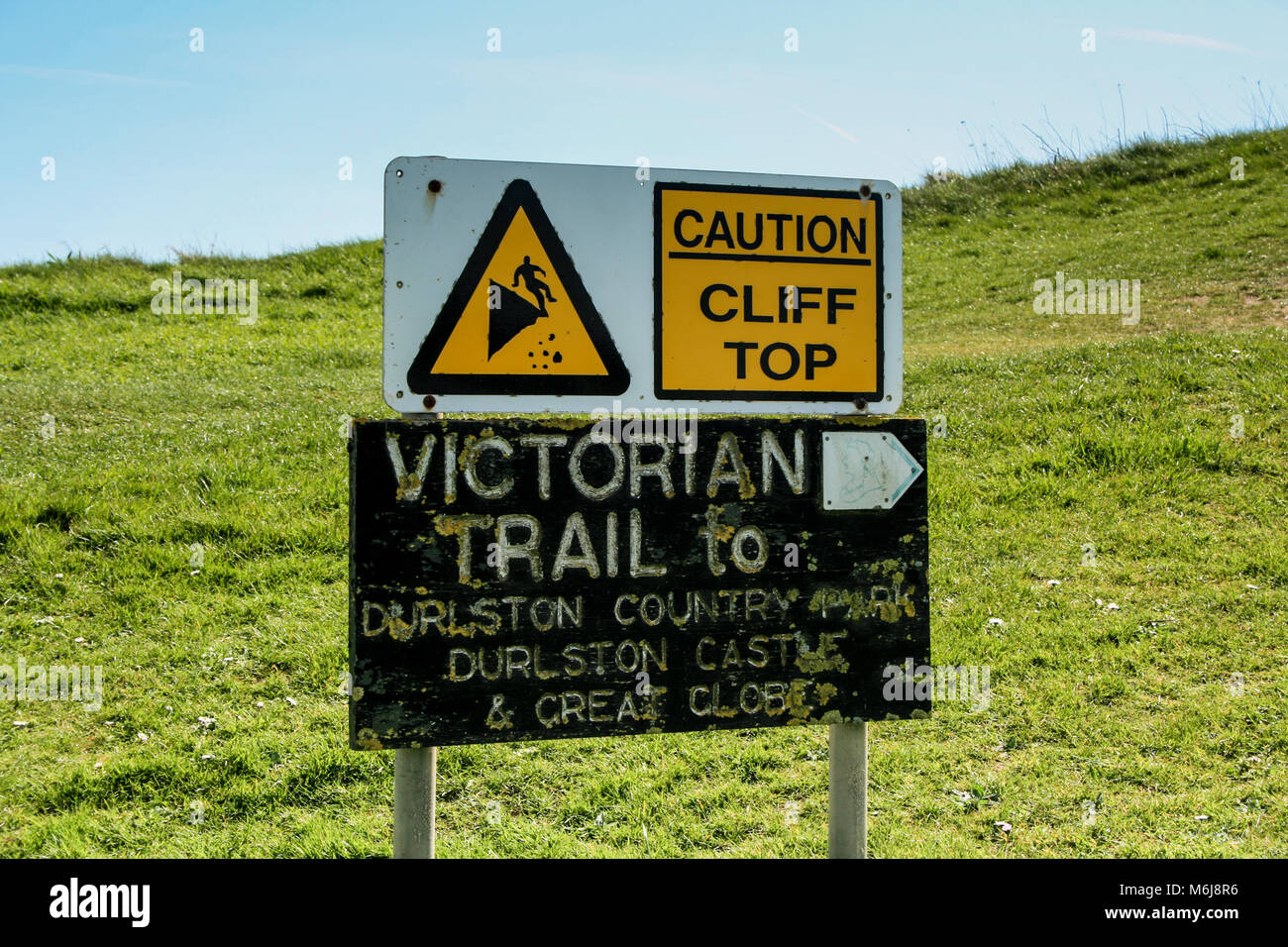 Warning sign near National Coastwatch lookout tower at Peveril Point on ...