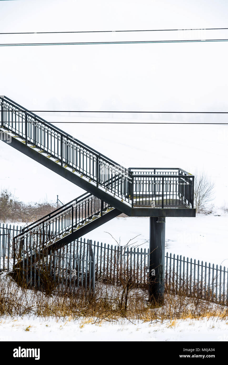 Empty Pedestrian Metal Bridge Elevated Walkway Over British Railroad ...