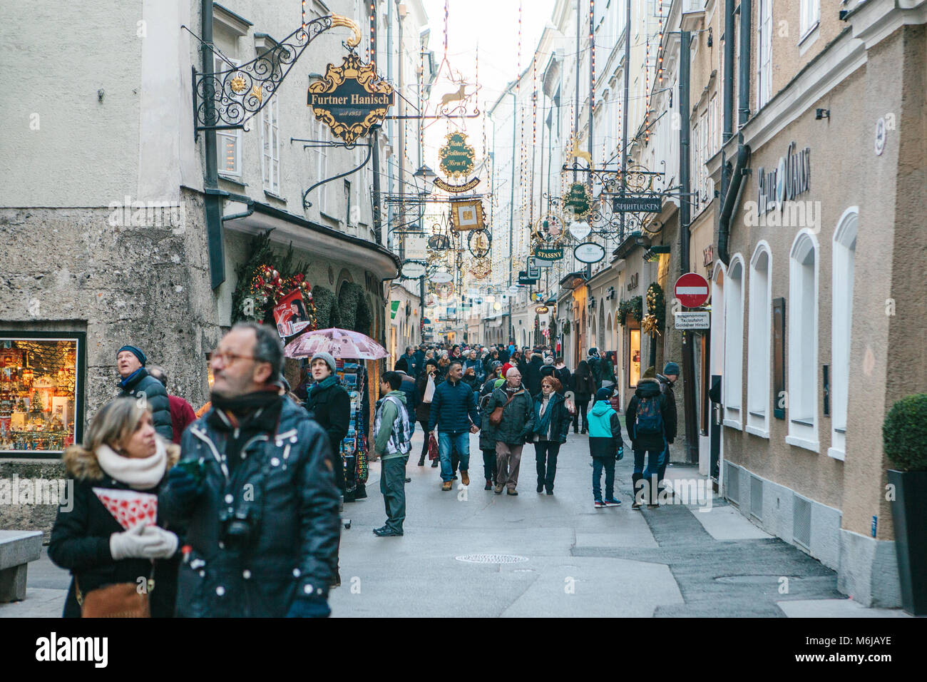 Austria, Salzburg, January 1, 2017: Getreidegasse street. A picturesque ...