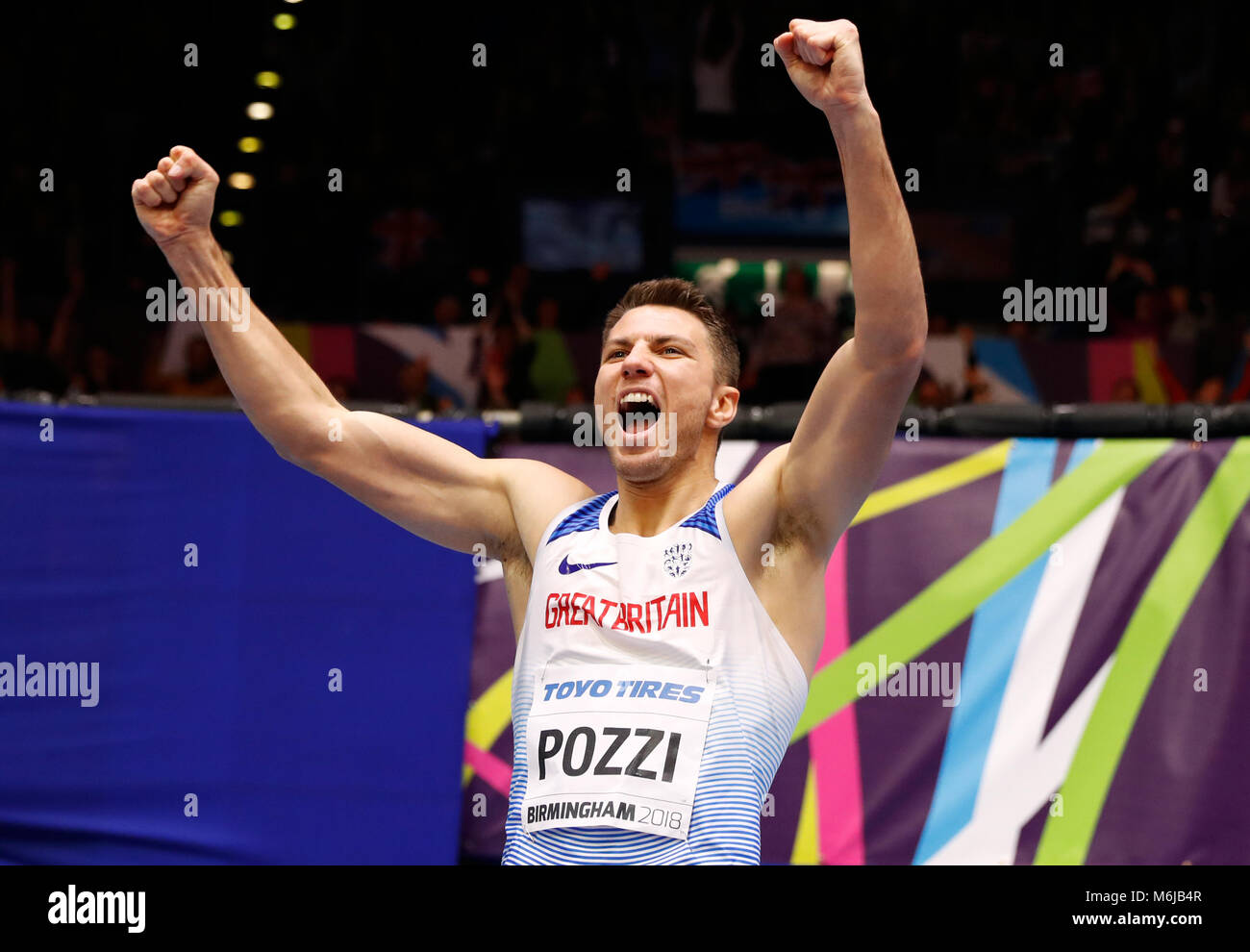 Great Britain's Andrew Pozzi celebrates winning gold in the final of ...
