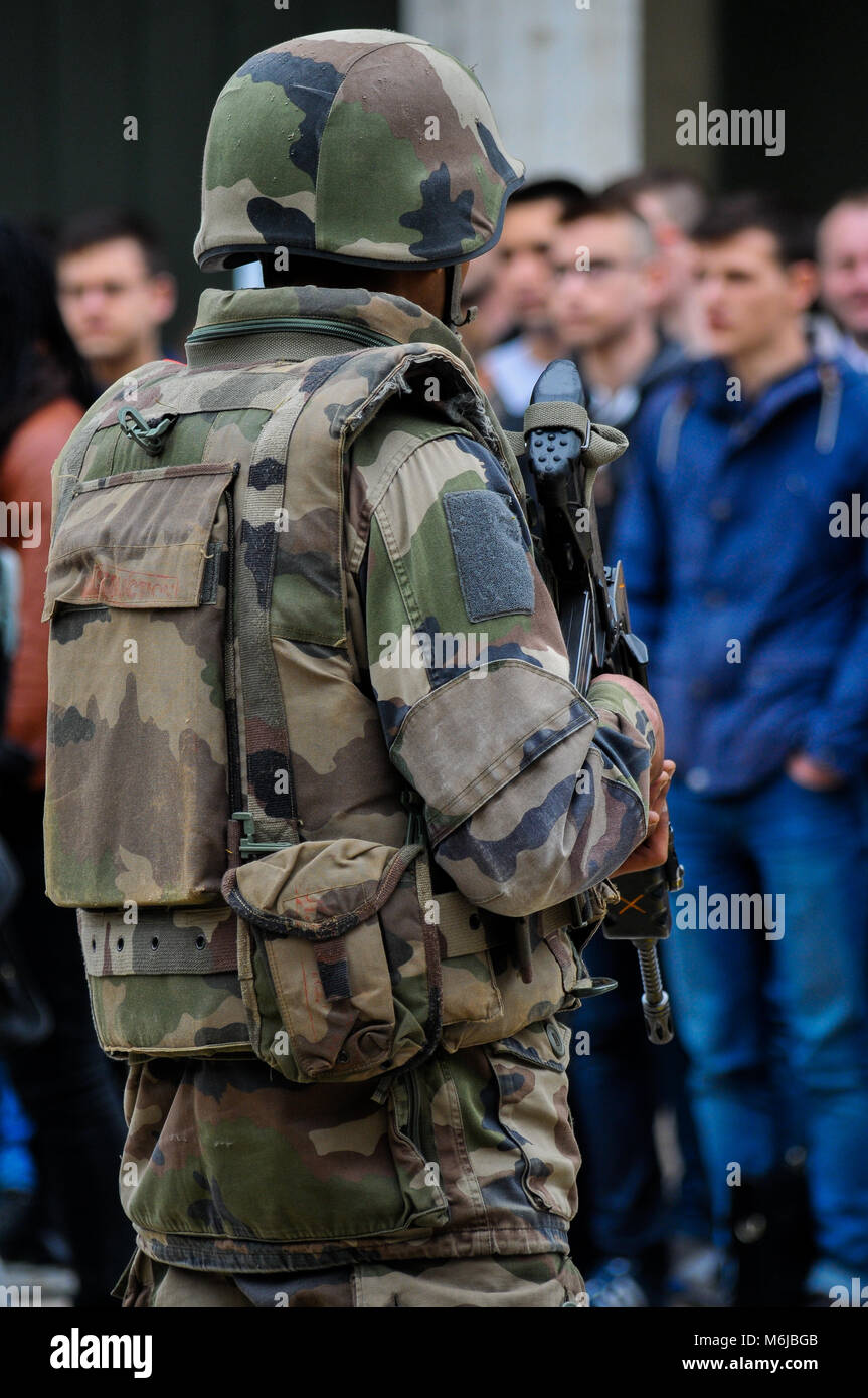 French soldier mounts guard on the occasion of a public drill, Lyon ...