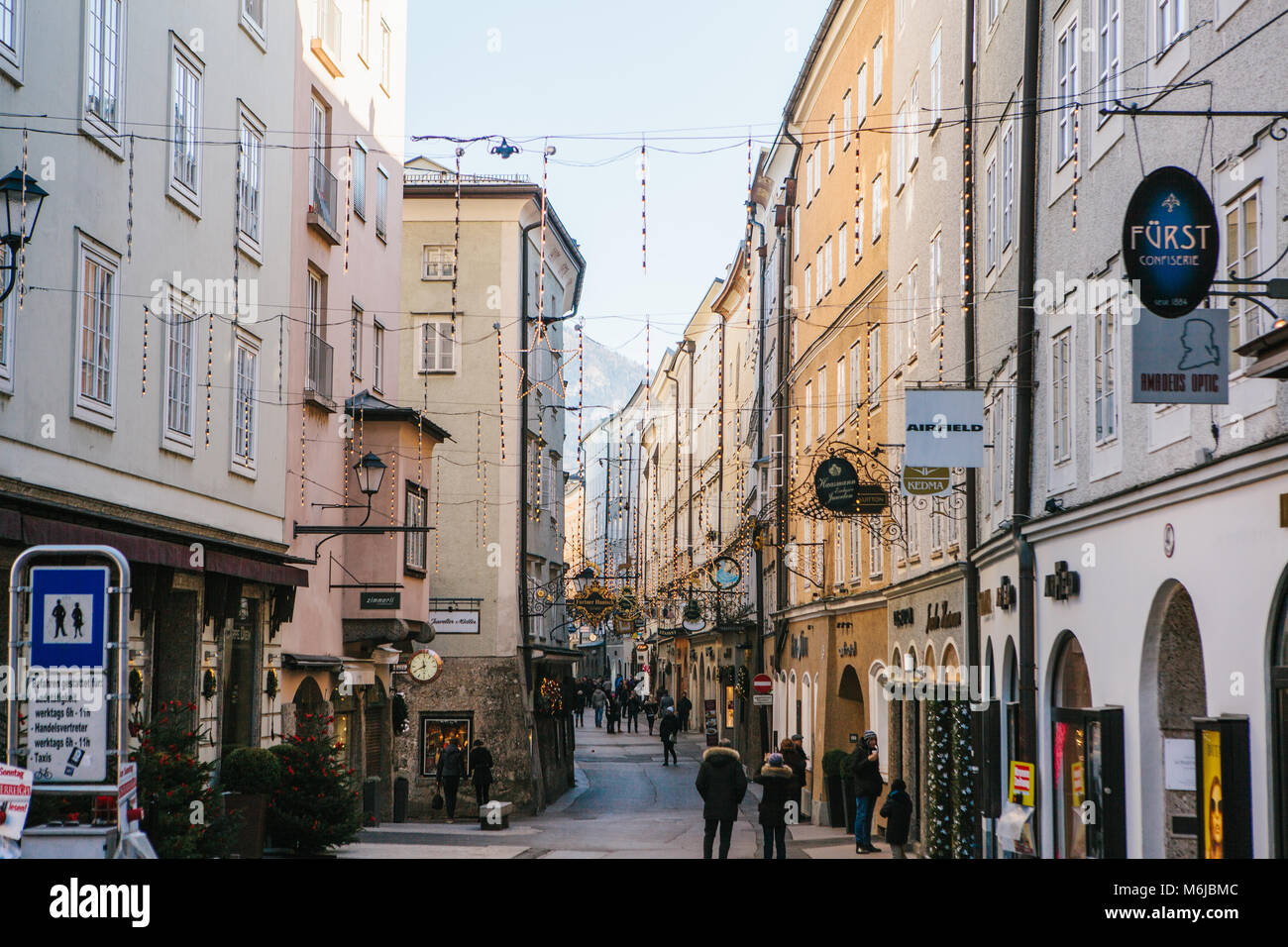 Austria, Salzburg, January 1, 2017: Getreidegasse street. A picturesque ...