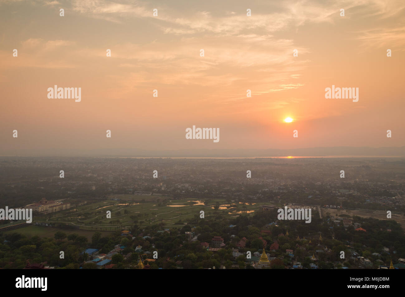 Beautiful sunset in Mandalay, Myanmar (Burma), viewed from above from ...