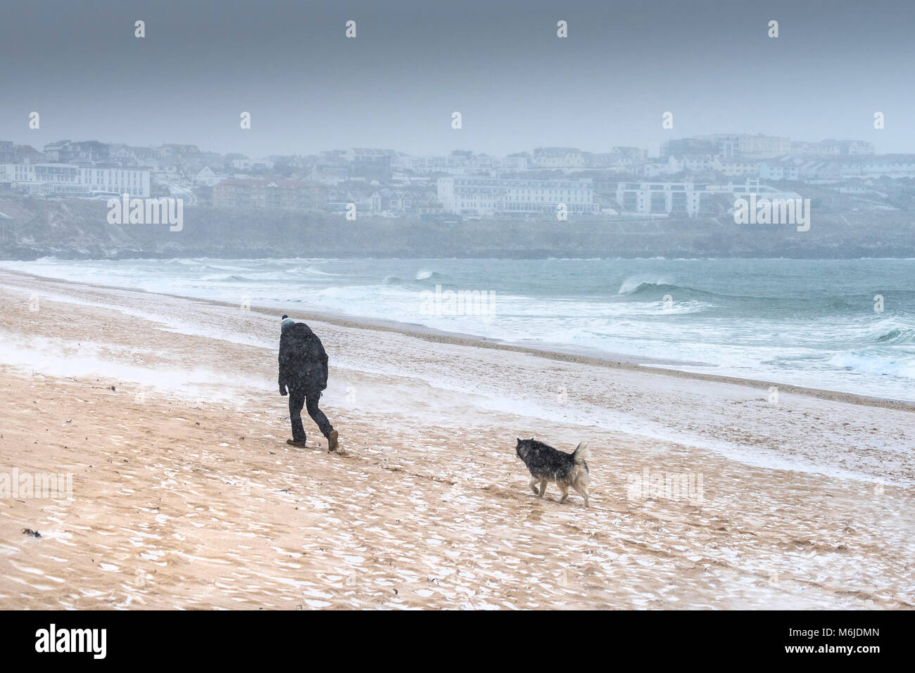 Snow falling as a man walks with his dog across Fistral beach in ...