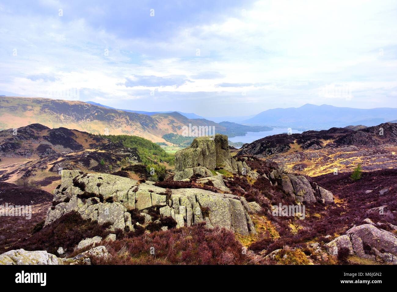 Sunlight on the flank of Maiden Moor and Cat Bells Stock Photo - Alamy