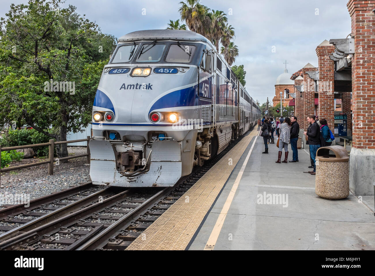 San Juan Capistrano, California, USA - Amtrak Pacific Surfliner arriving at the Los Rios train ...
