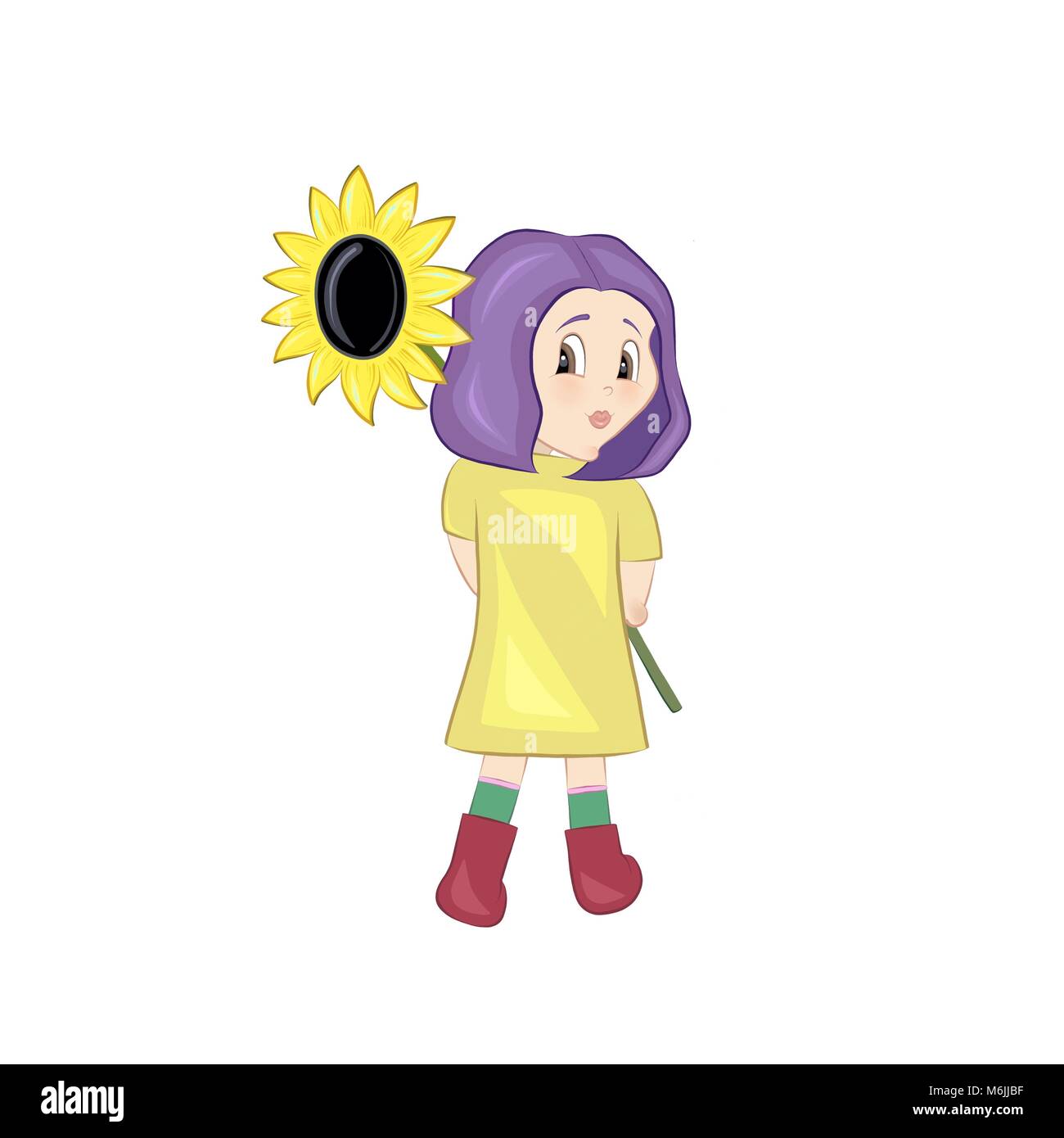 Little girl in the yellow dress with a purple hair holding a big ...