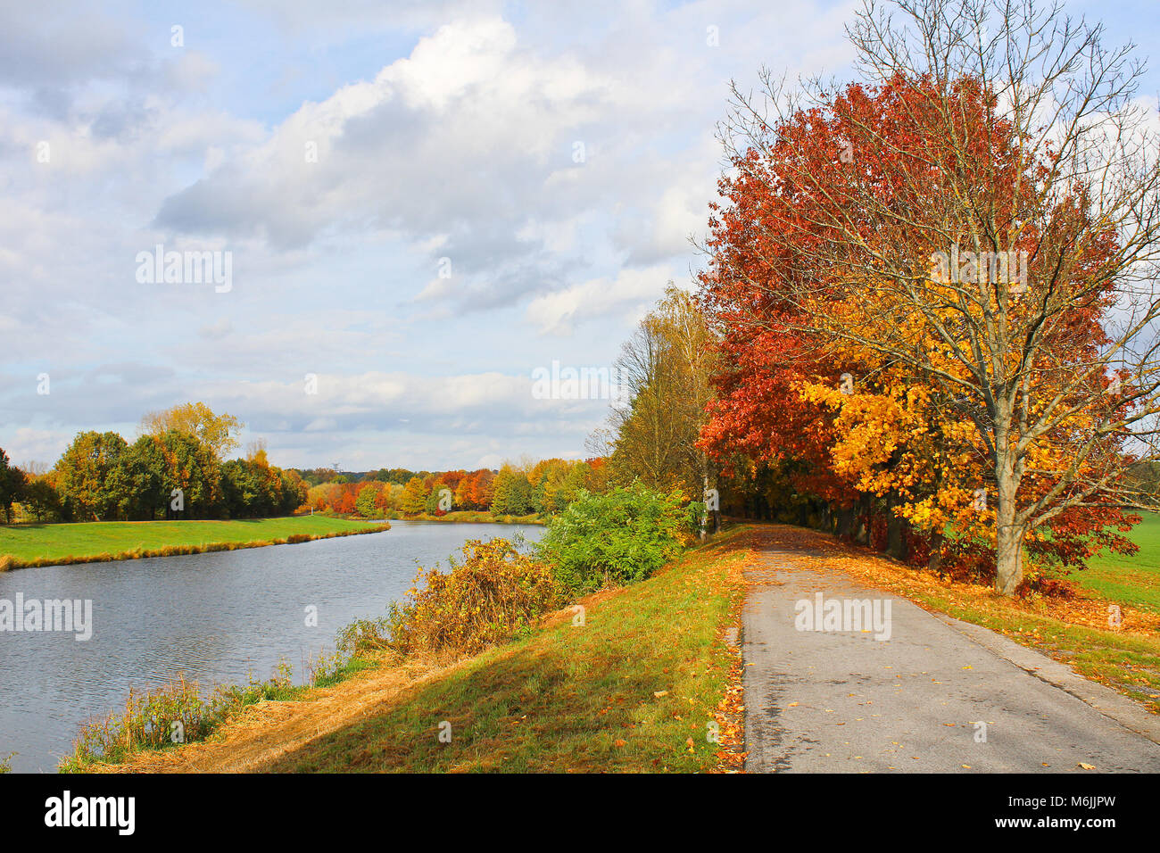 Bicycle path, autumn trees near river Vltava. Czech landscape Stock ...