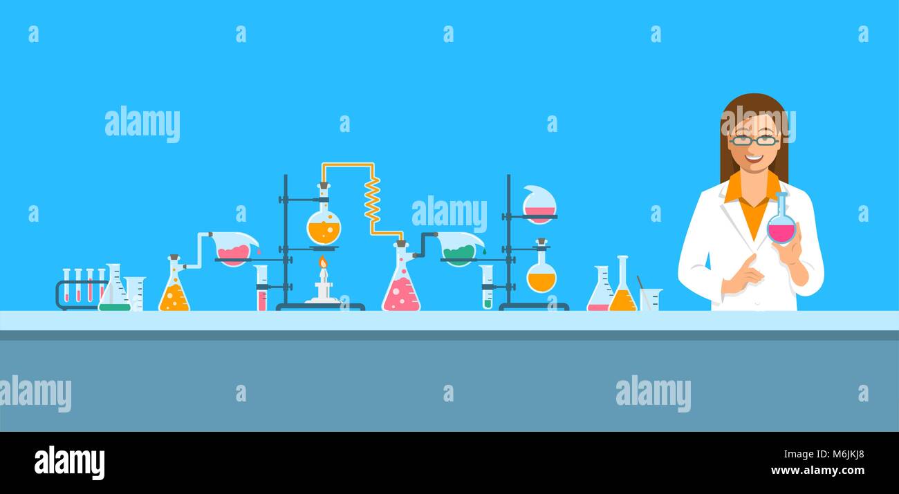 Chemist in chemical laboratory. Flat vector background. Cartoon ...