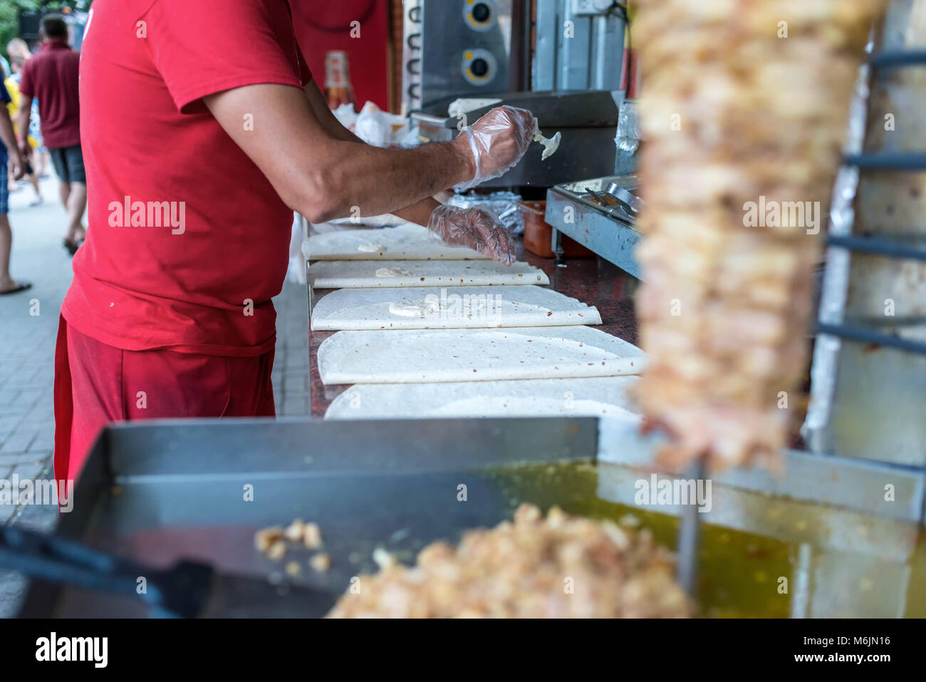 Cooking process of shawarma, traditional turkish meat, workflow closeup ...