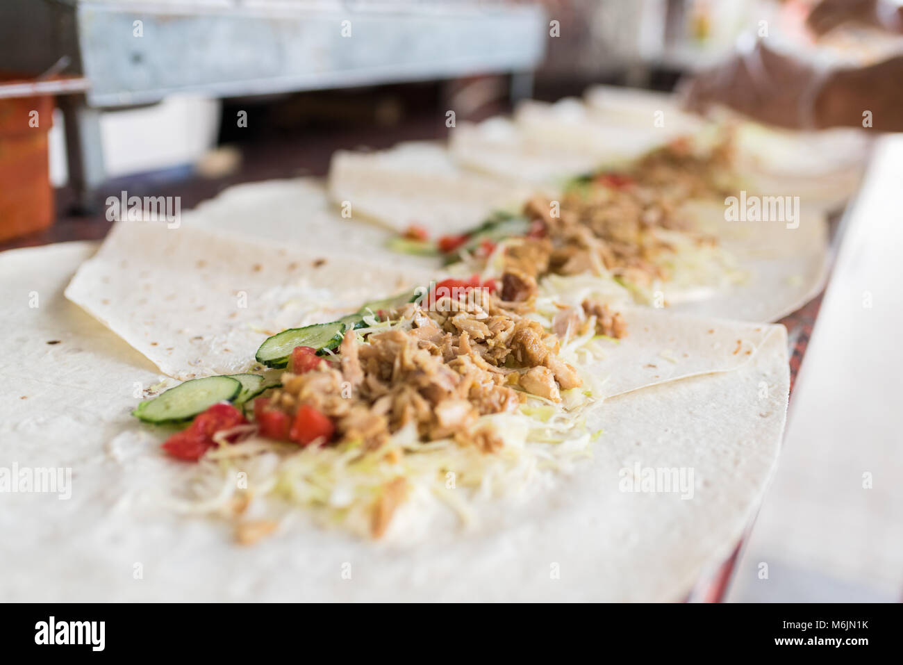 Cooking process of shawarma, traditional turkish meat, workflow closeup ...