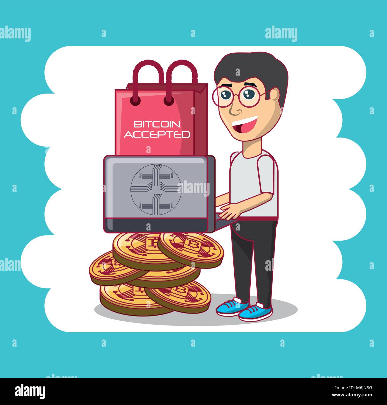 Bitcoin accepted design with cartoon man with laptop and shopping bag ...