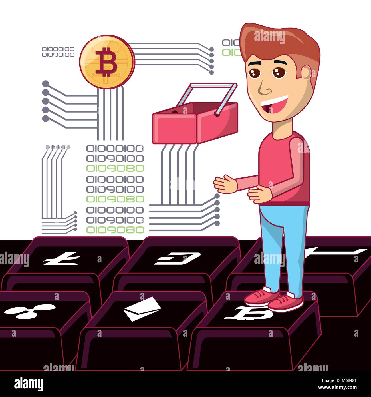 Bitcoin accepted design with cartoon man and shopping basket with ...