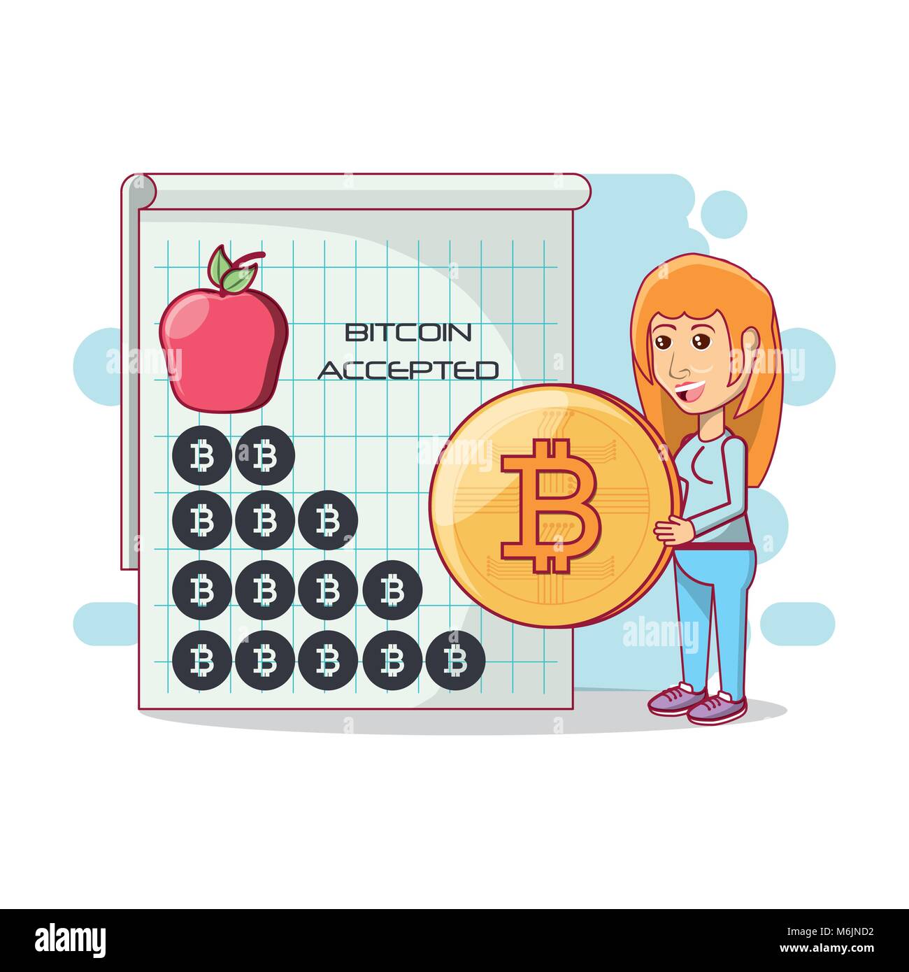cartoon woman holding a bitcoin coin and notepad with apple and bitcoin ...
