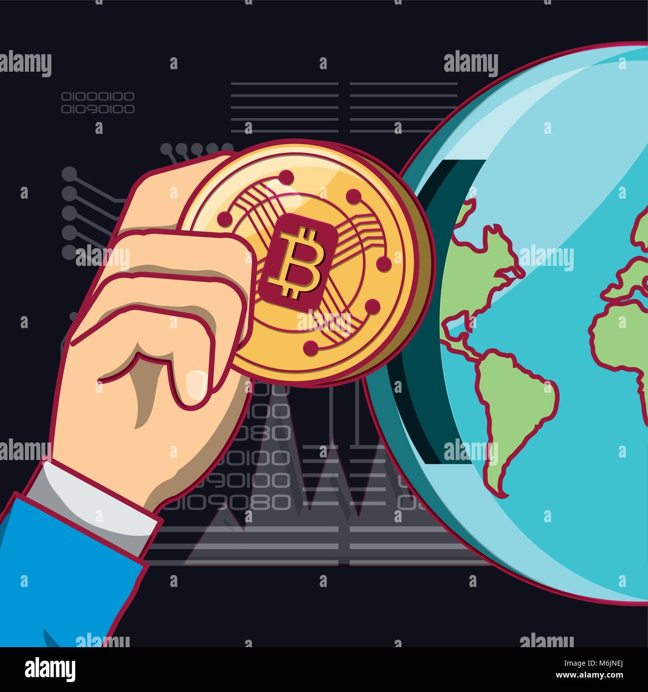 Hand inserting a bitcoin coin in a earth planet over black background ...