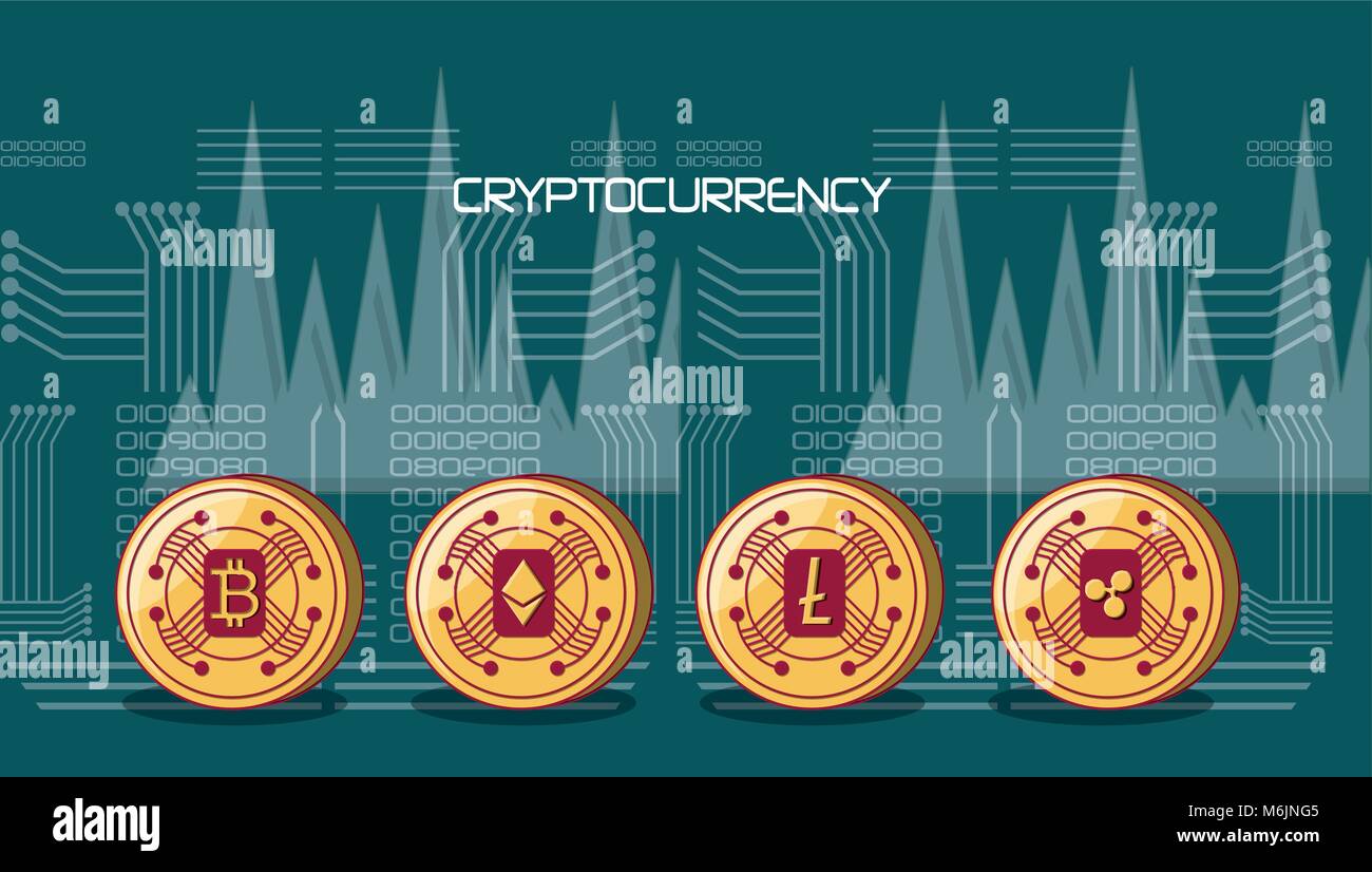 coins of different cryptocurrency types over blue background, colorful ...