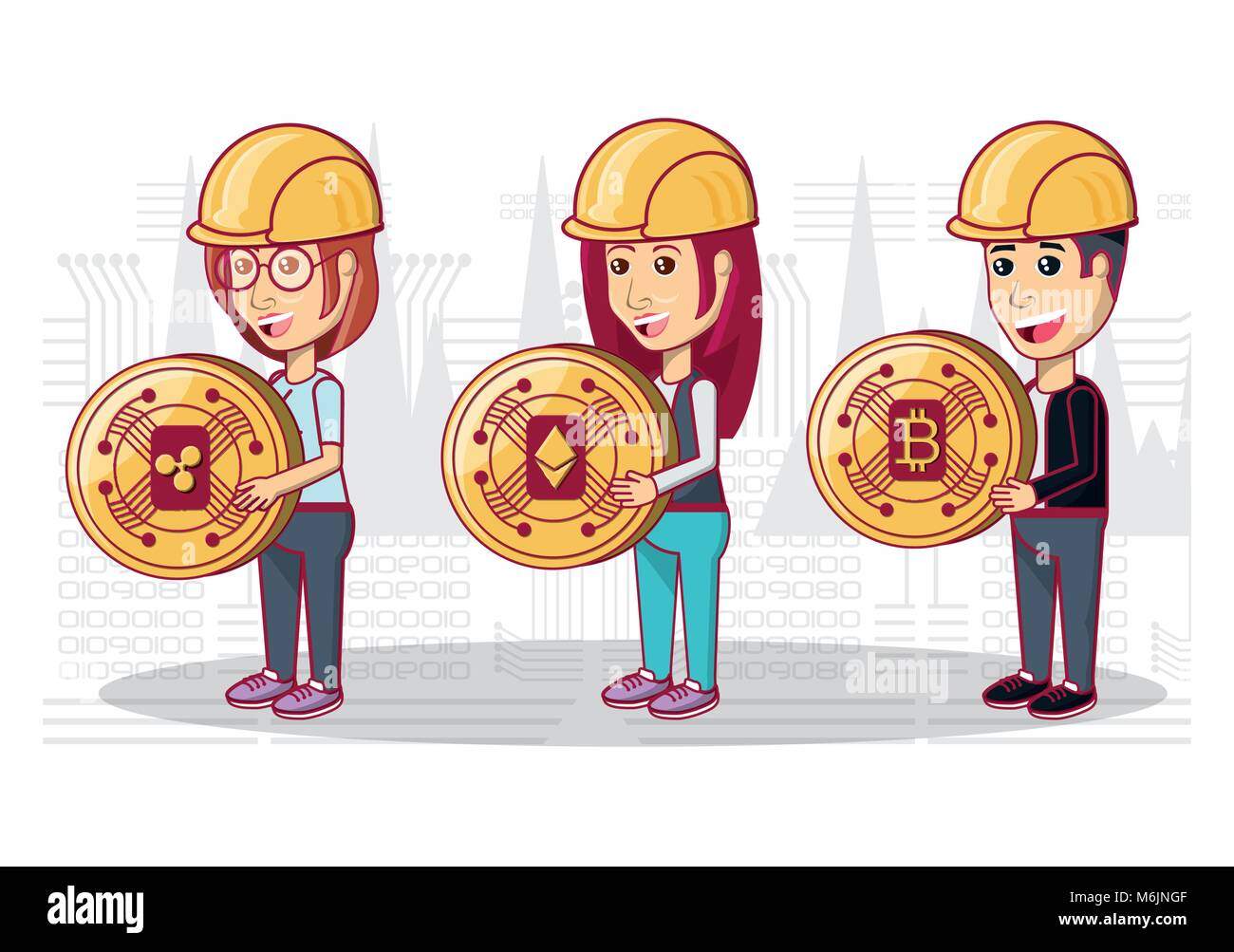 cartoon people holding a coins of different types of cryptocurrency ...
