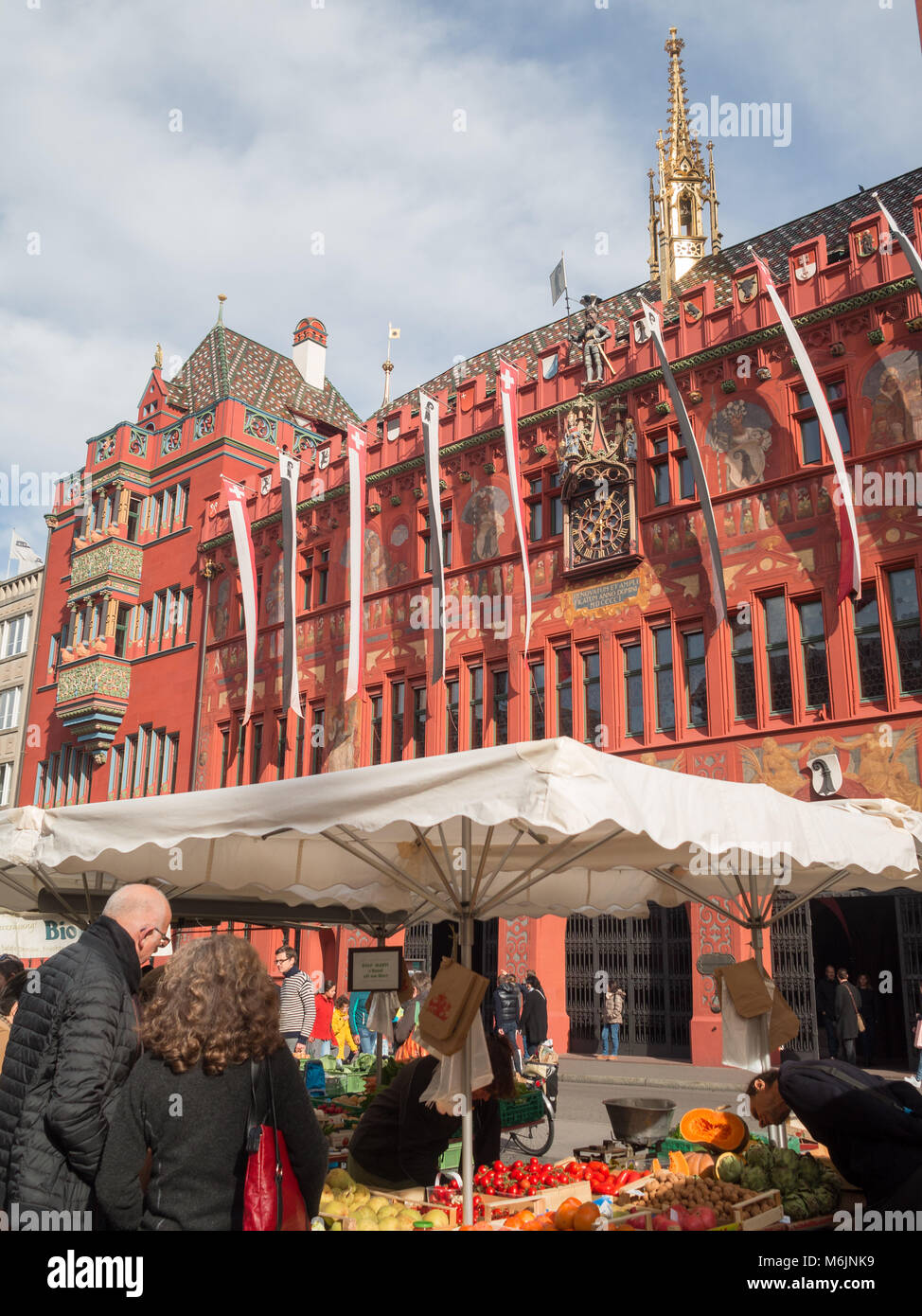 Street market by Basel Town Hall Stock Photo - Alamy