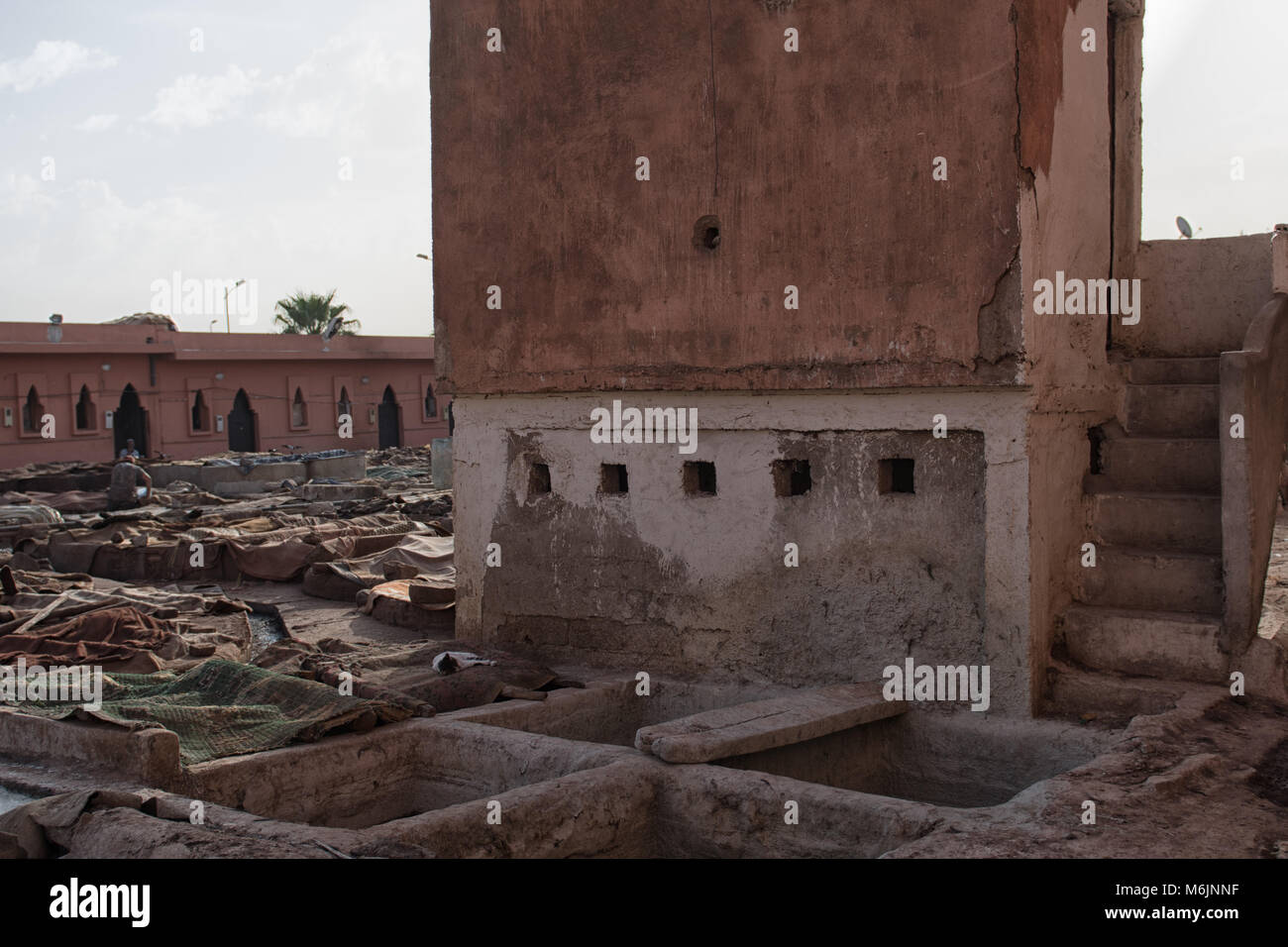 Tannery pits in the leather tanneries of Marrakech, Morocco. A few ...