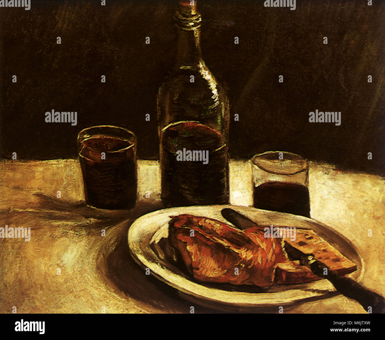 Still Life with a Bottle, Two Glasses, Cheese and Bread, Van Gogh ...