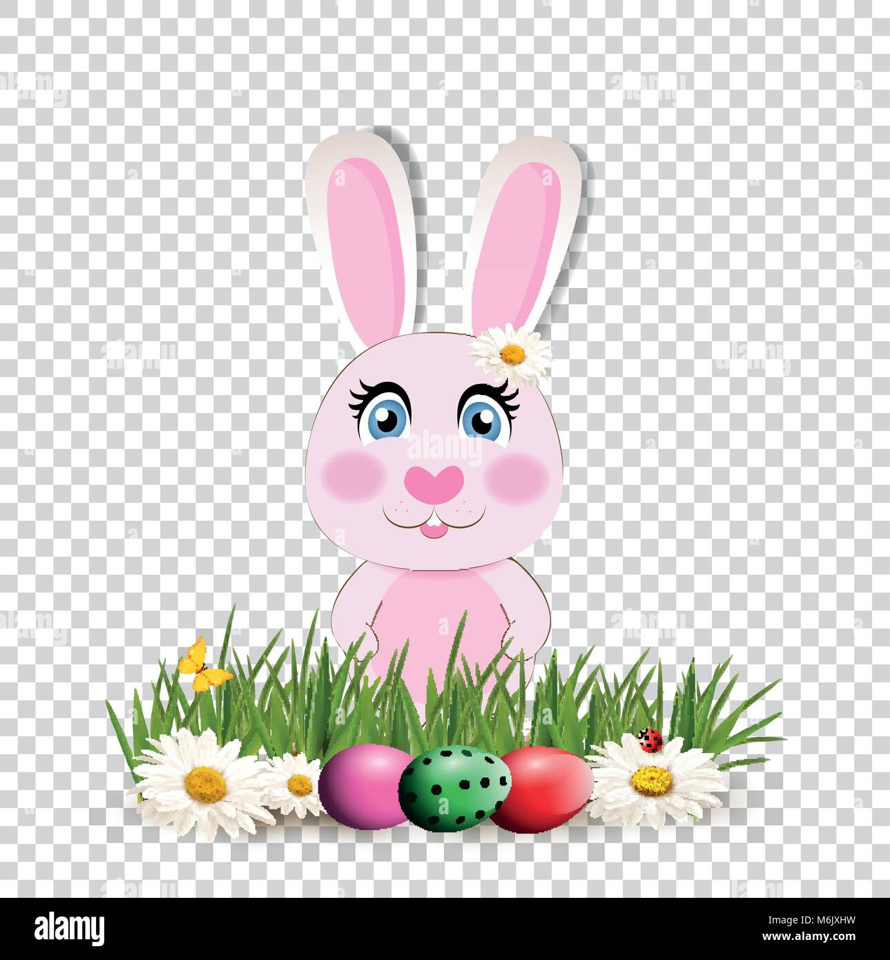 Cute cartoon pink bunny or rabbit sitting among bright dyed eggs on ...