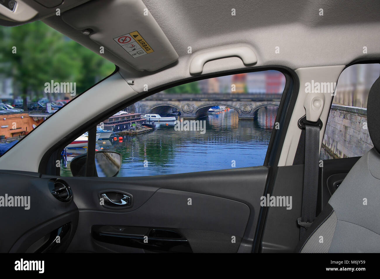 Looking through a car window with view of a cityscape in Copenhagen ...