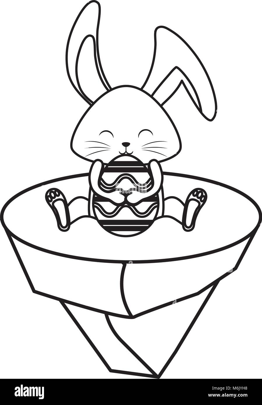 uncolored rabbit hugging easter egg on piece land over white background ...