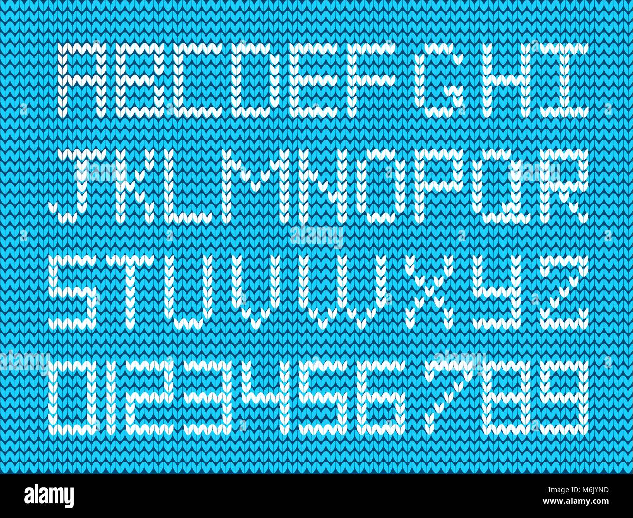 Knitted script on light blue fabric background. White knitted letters ...