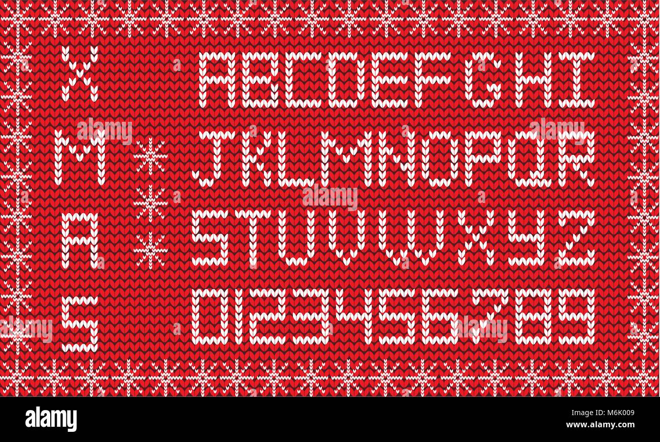 White knitted alphabet and numerals on red knitted fabric background ...