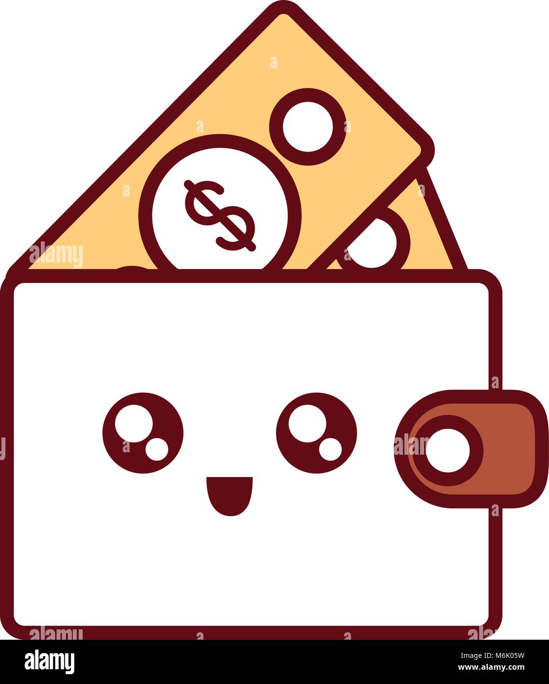 flat line colored kawaii wallet with bill over white background vector ...