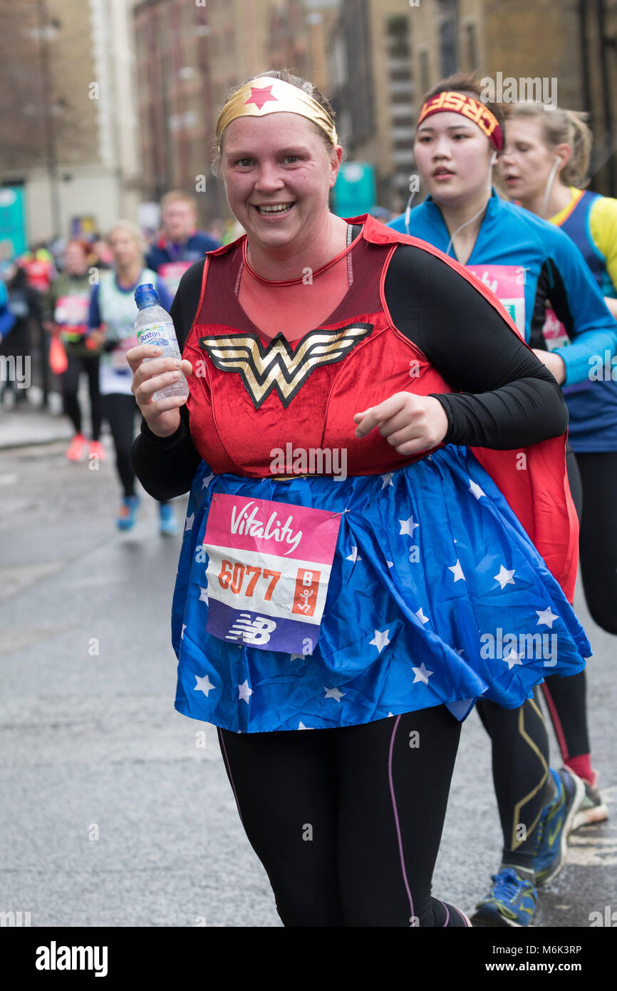London, UK. 4th March 2018. Fancy dress runner as Wonder Woman in ...