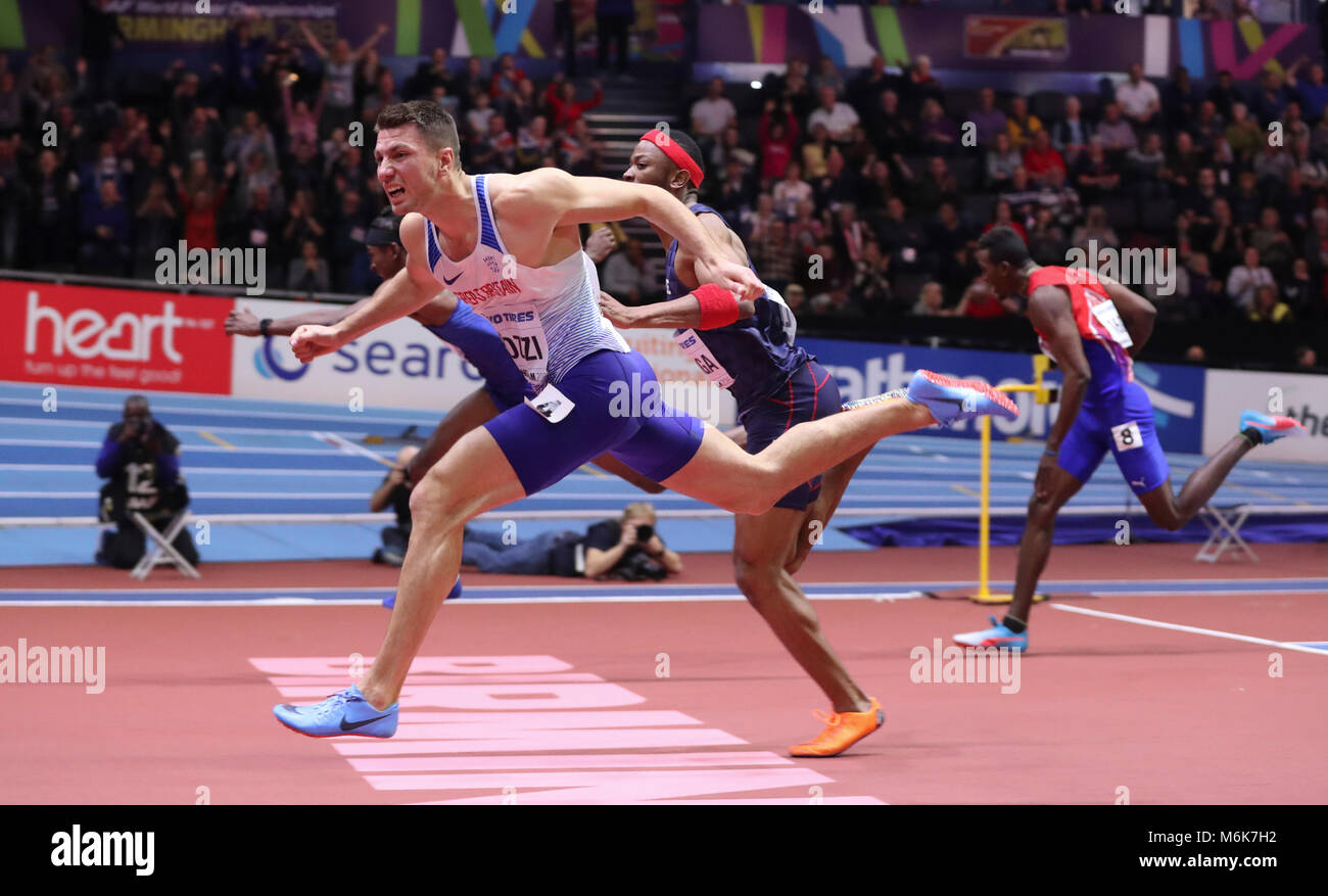 Birmingham. 4th Mar, 2018. Andrew Pozzi (1st L) of Britain sprints ...