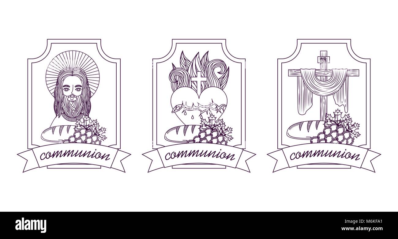 set catholicism faith jesus communion hand drawing labels Stock Vector ...
