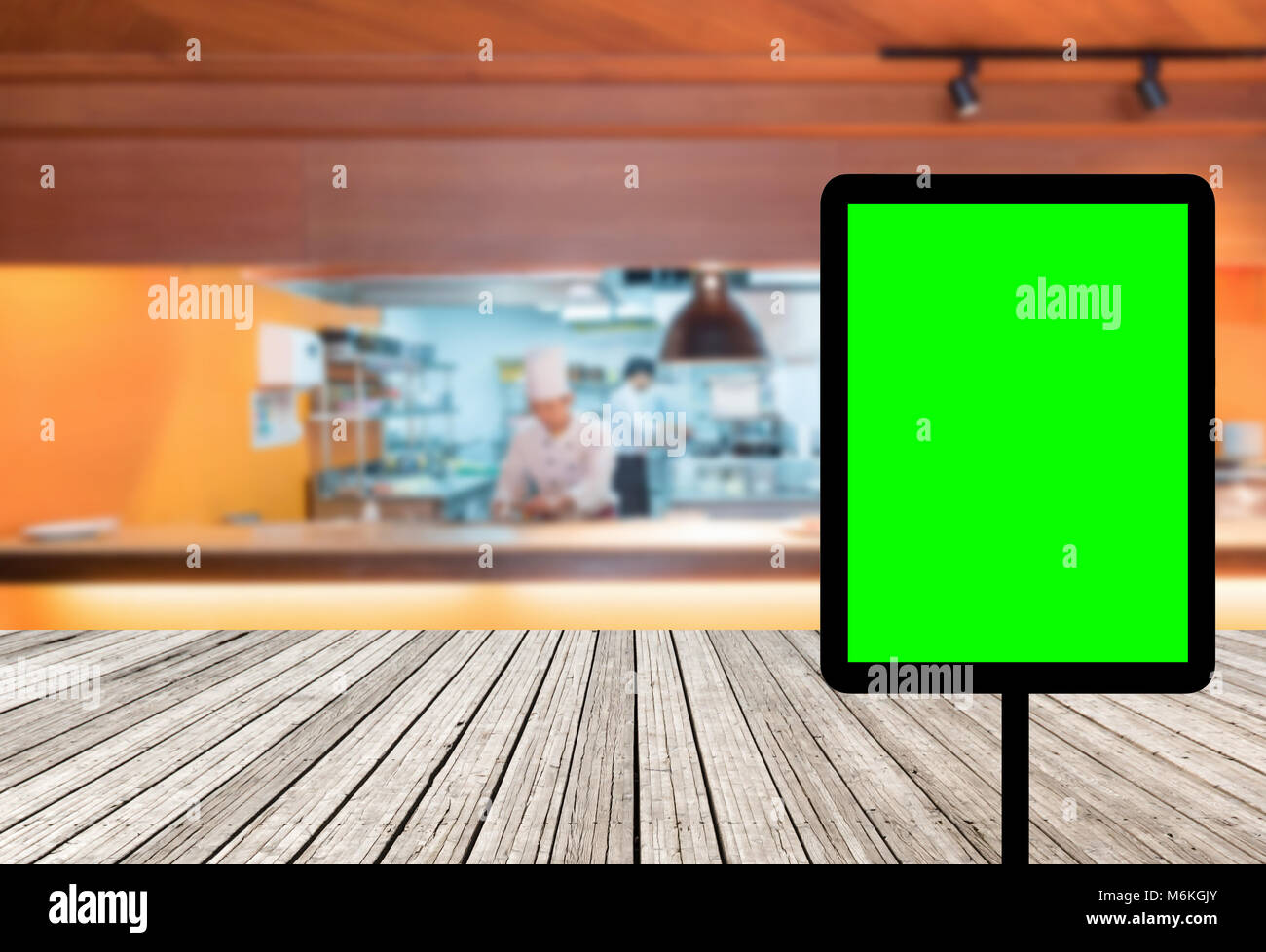 Commercial Kitchen Blurred and chef cooking Background with blank ...