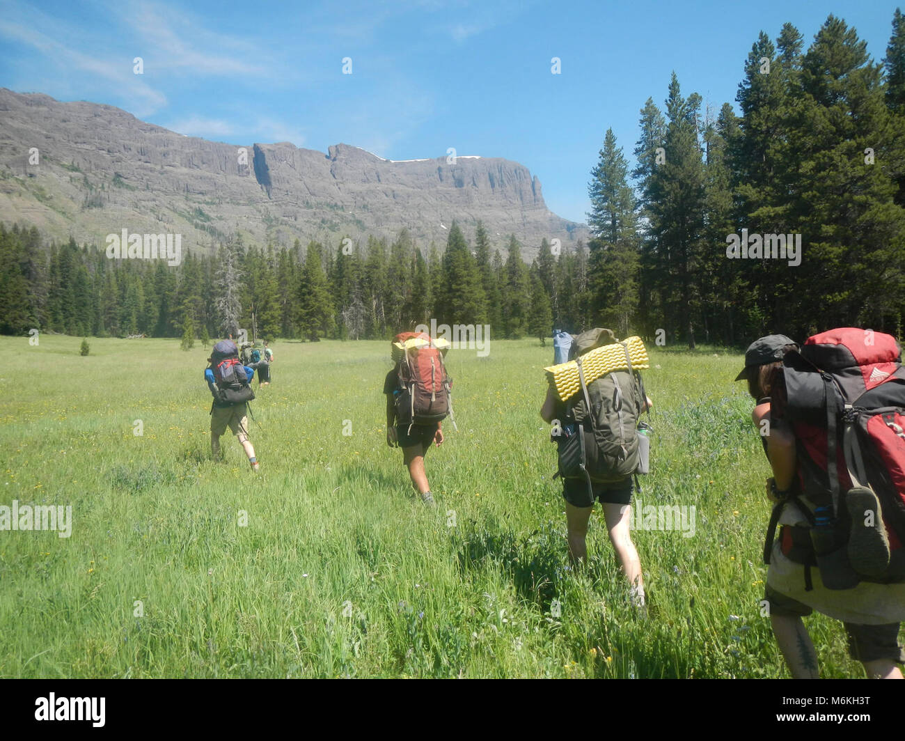 Hikers in mountain meadow Stock Photo - Alamy