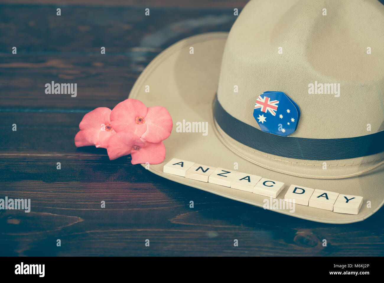 Anzac army slouch hat with red flower on vintage wood background Stock ...