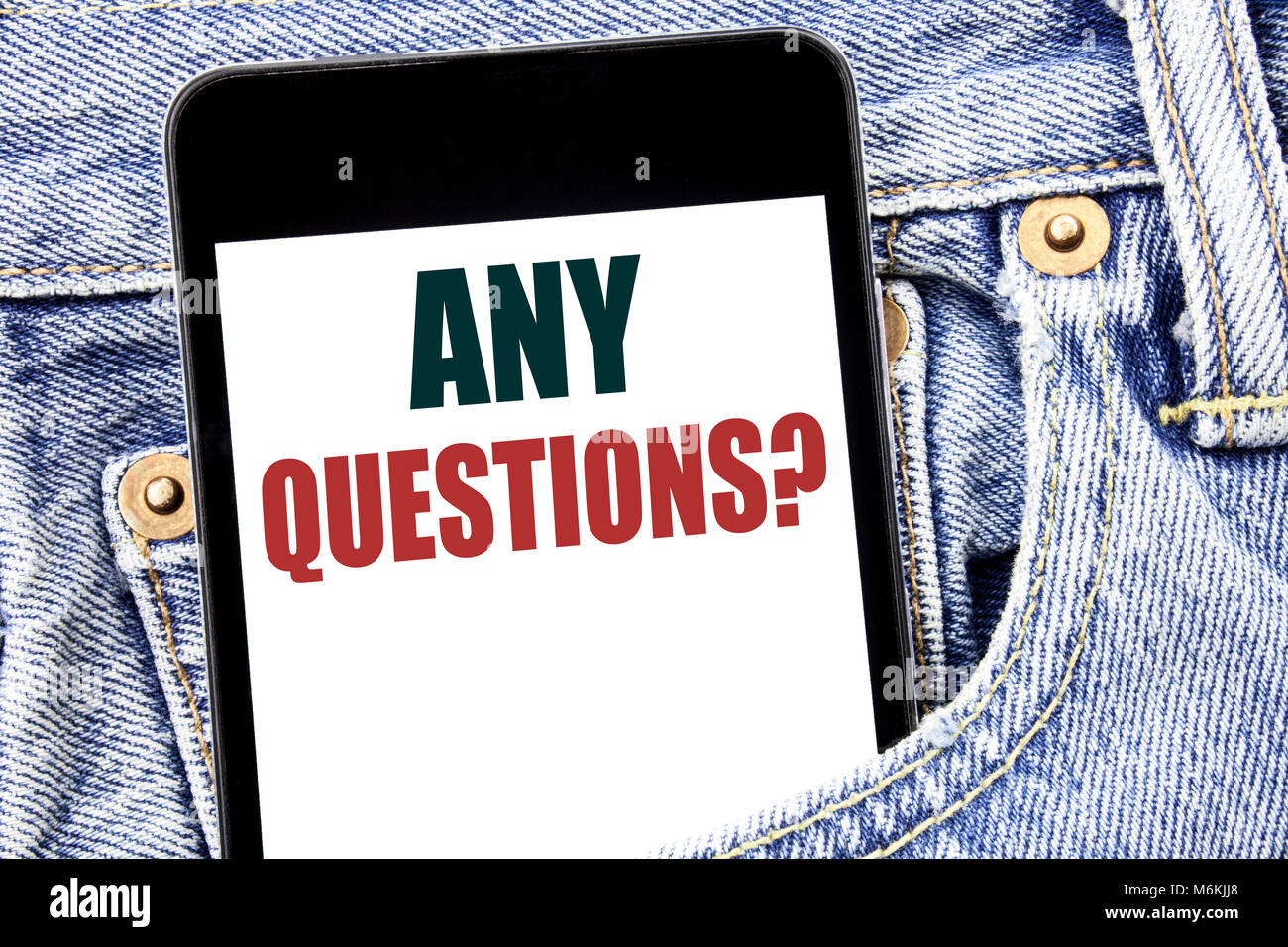 Hand writing text caption inspiration showing Any Questions. Business ...