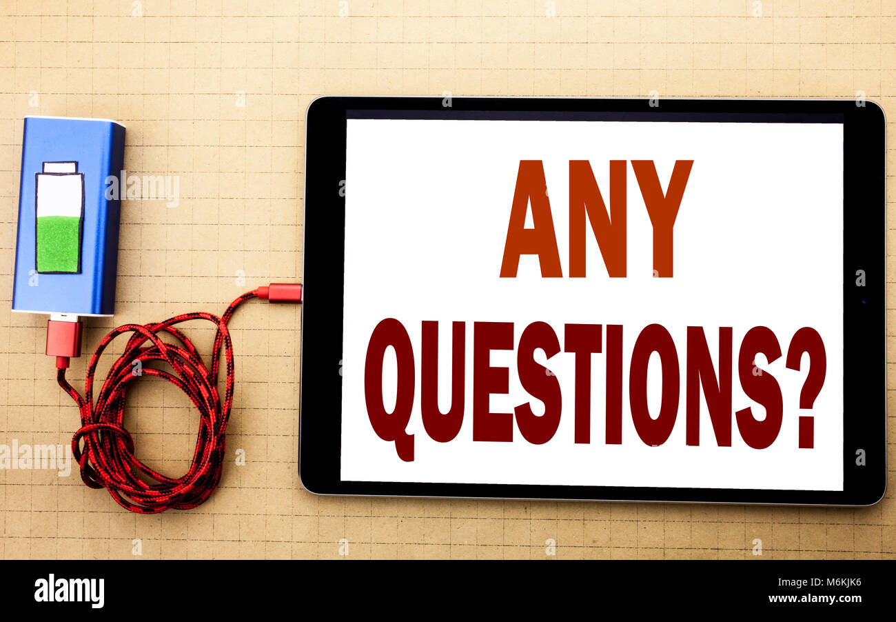 Hand writing text caption inspiration showing Any Questions. Business ...