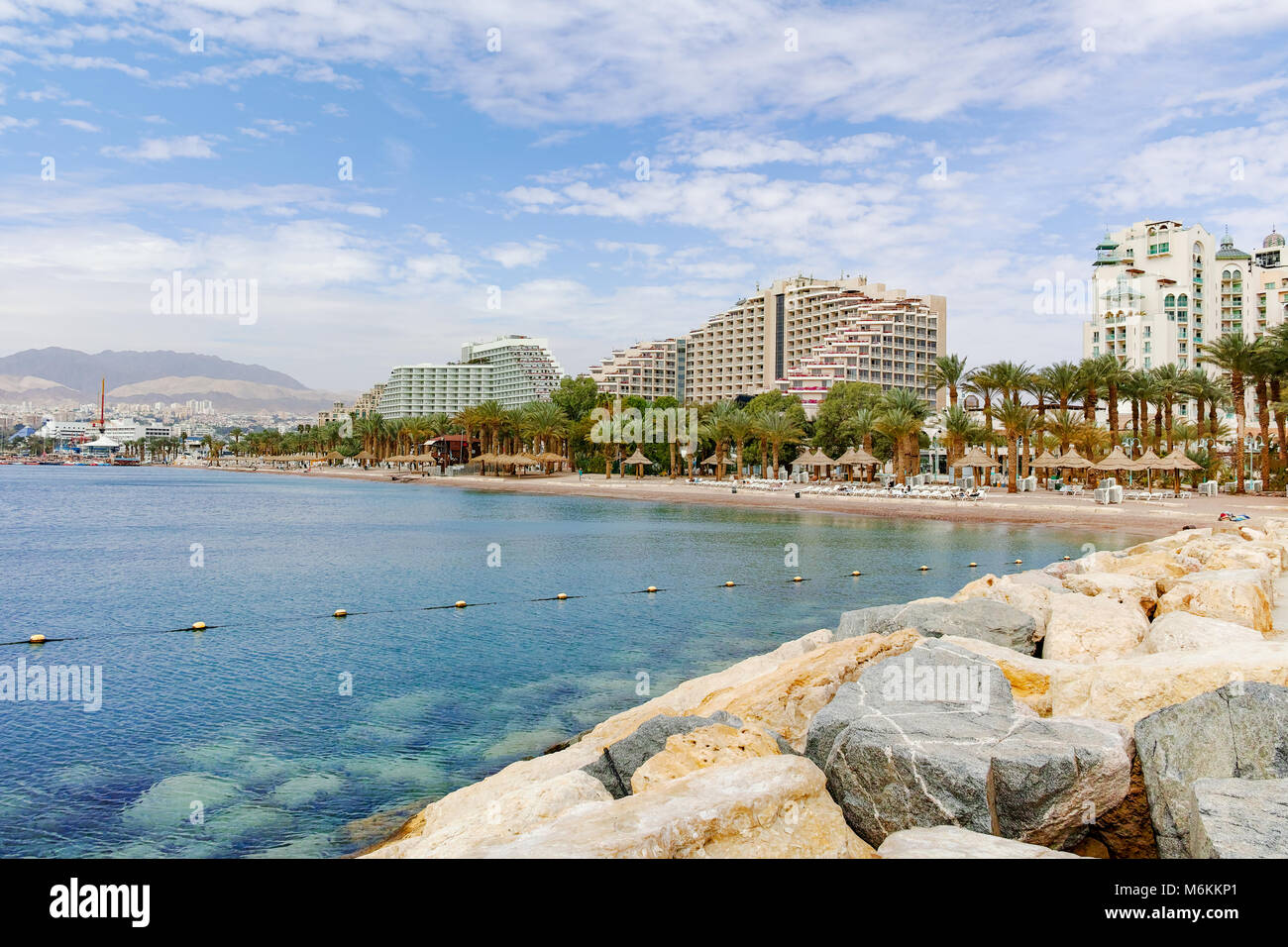 City view, panoramic view of sunny Eilat, touristic and vacation luxury ...