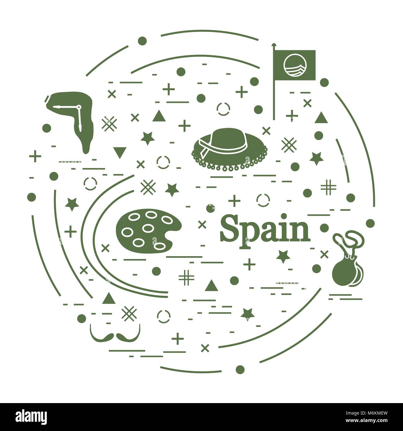 Vector illustration with various symbols of Spain arranged in a circle ...